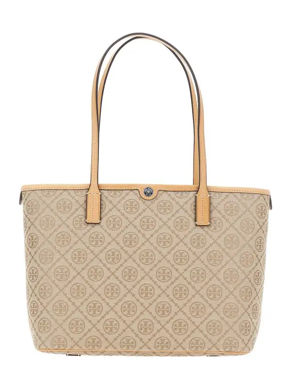 Tory Burch Small Tote Handbag Handbag With All-over Logo Monogram And Top Zip Closure In Canvas For - Beige