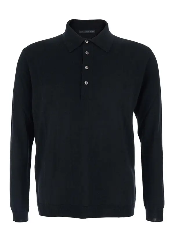LOW BRAND Low-profile Polo Collar Wool Sweater With Button Front - Black