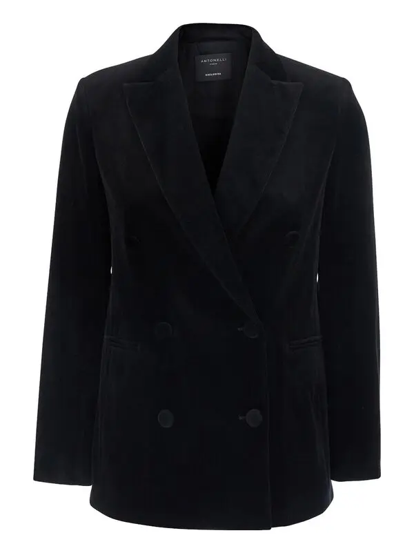 Antonelli Firenze Velvet Double-breasted Blazer Jacket With Notched Lapels And Side Pockets - Black