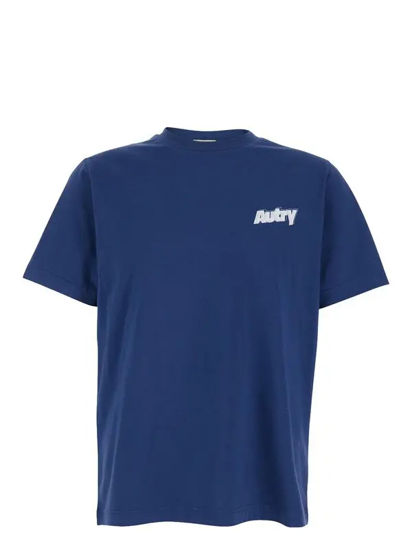 AUTRY Cotton Crew Neck T-shirt With Raised Collar And Front Logo - Blu