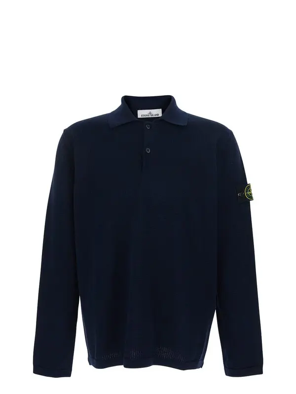 Stone Island Cotton Polo-collar Sweatshirt With Logo Patch On Sleeve For - Blu