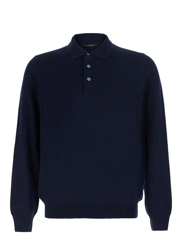Tagliatore Wool-blend Polo Collar Sweater With Button Front - Blu