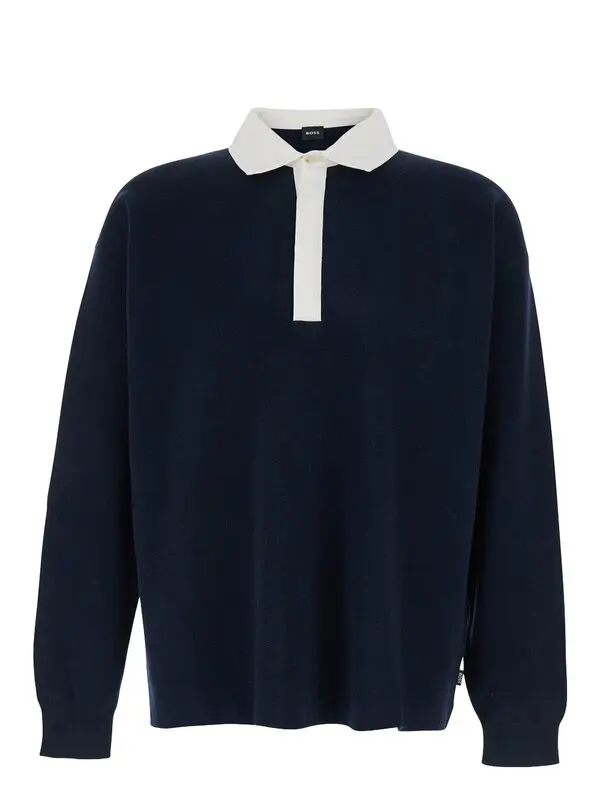 Hugo Boss Cotton And Virgin Wool Blend Polo-collar Sweater With Button Placket - Blu