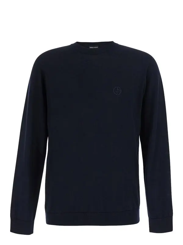 Giorgio Armani S Wool Crewneck Sweater With Front Logo Embroidery - Blu