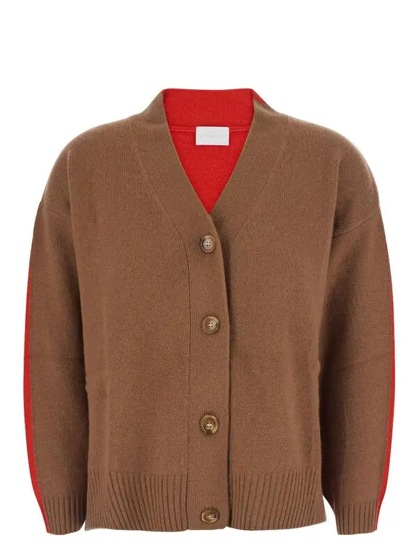 SOLOCASCMIR Bicolor V-neck Button-front Cardigan With Long Sleeves In Tech Jersey - Beige