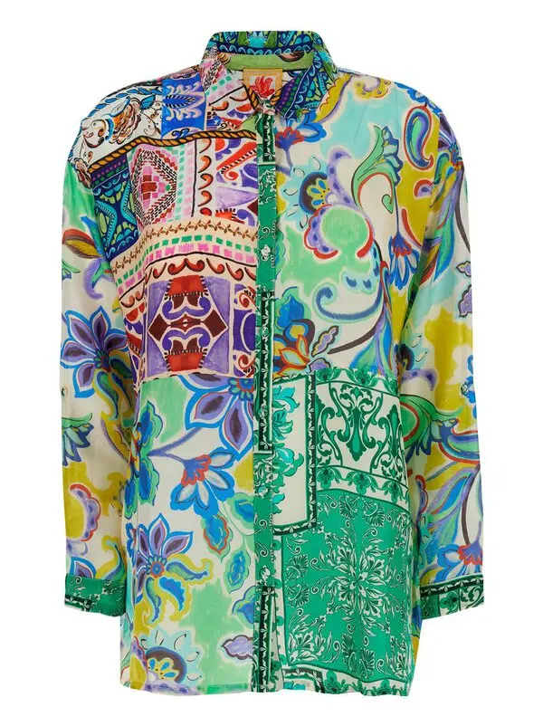 Johnny Was Audery Tunic Silk Shirt With All-over Floral Motif - Multicolor