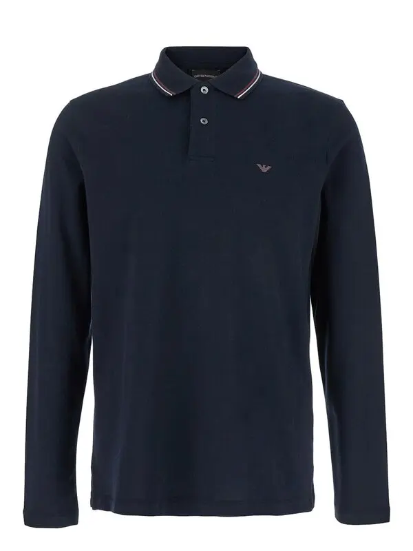 Emporio Armani S Stretch Cotton Long Sleeve Polo Shirt With Logo Embroidery - Blu