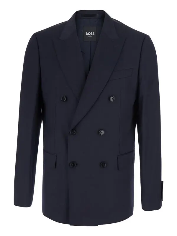 Hugo Boss Double-breasted Wool Jacket With Notched Lapels And Chest Pocket - Blu