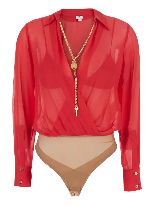 Elisabetta Franchi V-neck Chain-detail Viscose Bodysuit With Semi-transparent Wrap - Red