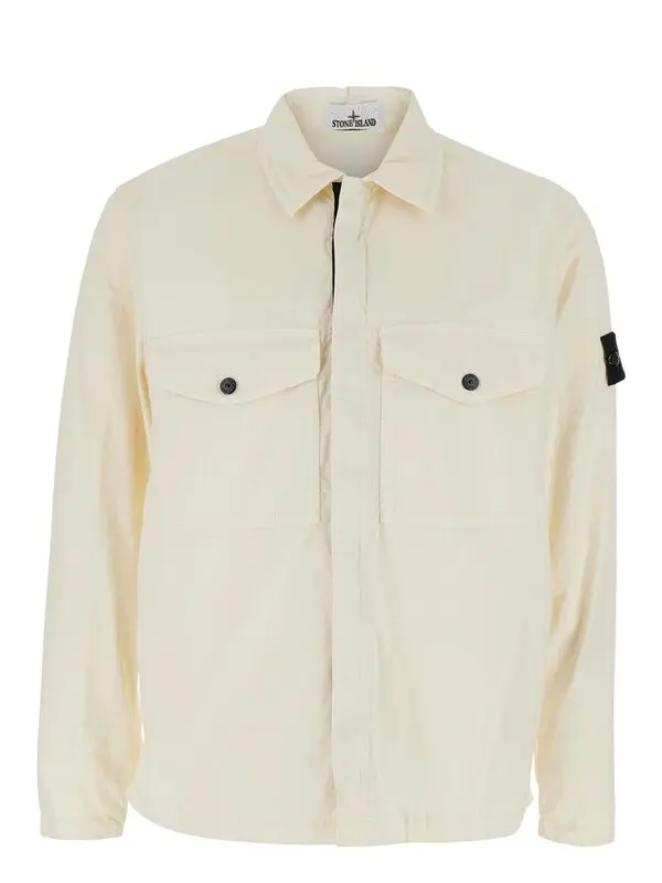 Stone Island Cotton Shirt With Classic Collar And Sleeve Logo Patch - White