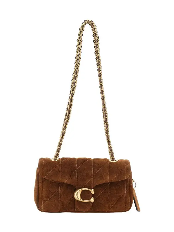 COACH Quilted Suede Crossbody Handbag With Chain Handles, Logo Plaque Closure And 20x11x7 Cm Size - Brown