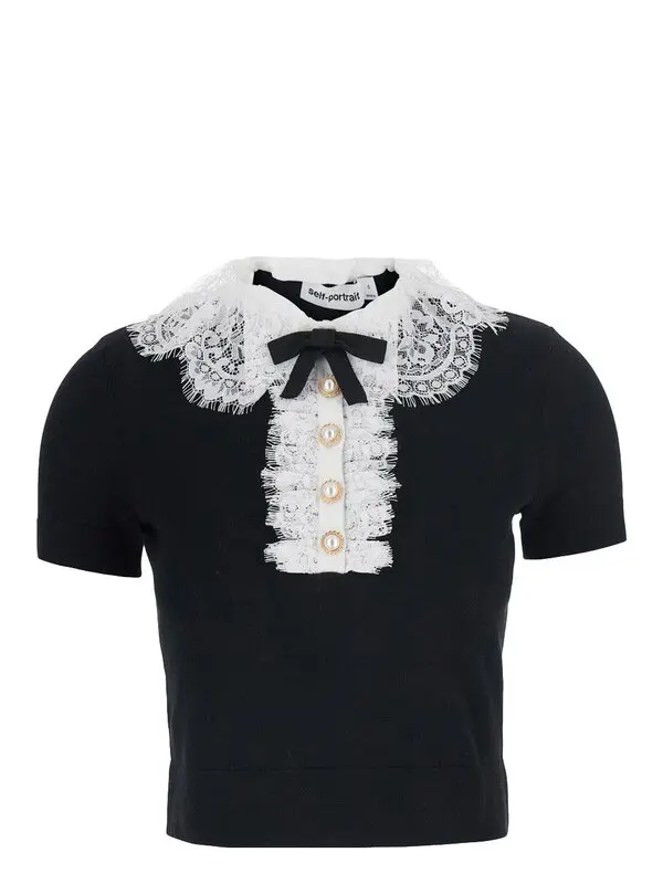 SELF-PORTRAIT Lace-trim Collar Wool Top With Button Front - Black