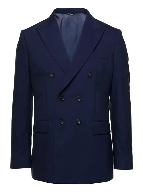 REVERES 1949 Double-breasted Wool & Cashmere Blazer With Peak Revers And Shoulder Pads - Blu