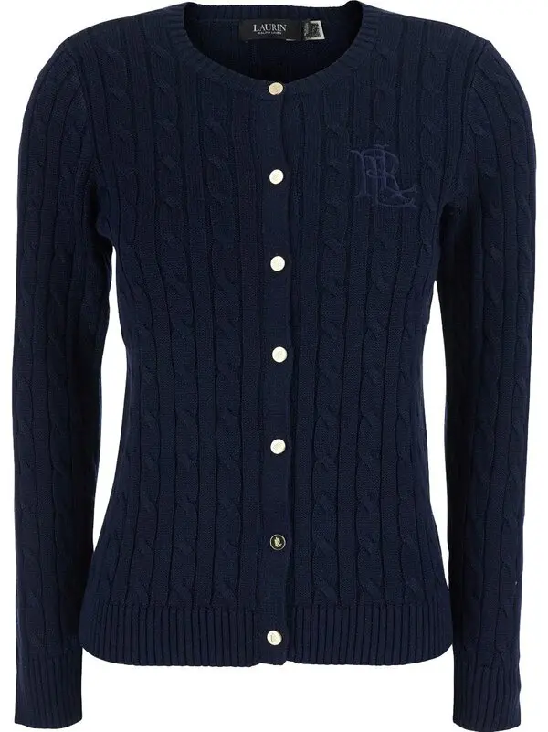 Ralph Lauren Logo Cable-knit Crew Neck Cardigan In Cotton Blend For - Blu