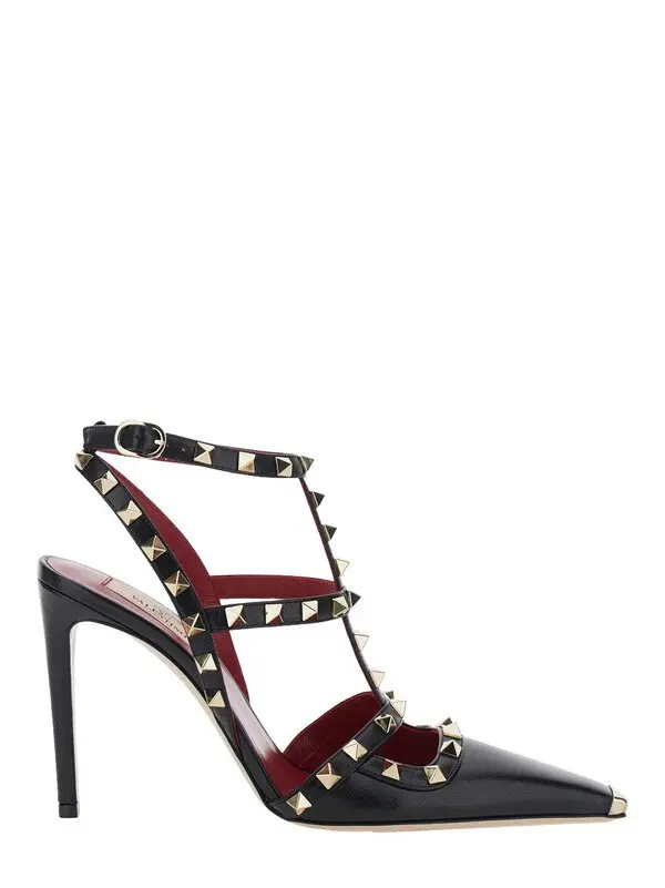 Valentino Garavani Rockstud Ankle Strap Pumps T. 100 With Platinum-tone Studs And Pointed Tip - Black