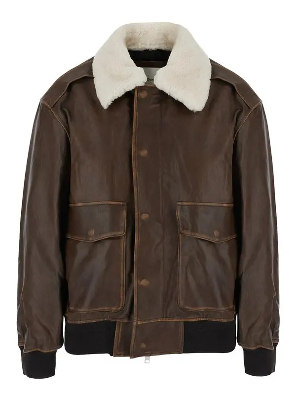 DUNST Detachable A-2 Leather Blouson Jacket With Classic Collar And Zip Front - Brown