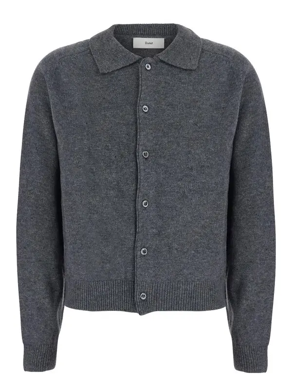 DUNST Ollared Knit Cardigan With V-neck, Button Front & Ribbed Hems - Grey