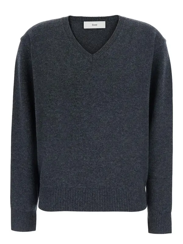 DUNST Cashmere V-neck Sweater For With Long Sleeves - Grey