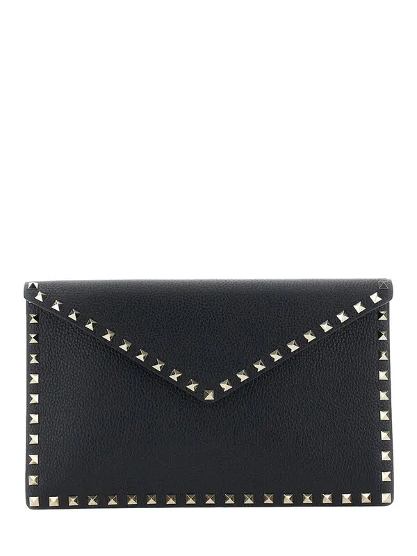 Valentino Garavani Rockstud Leather Envelope Clutch With Magnetic Closure 29.5x19 Cm - Black