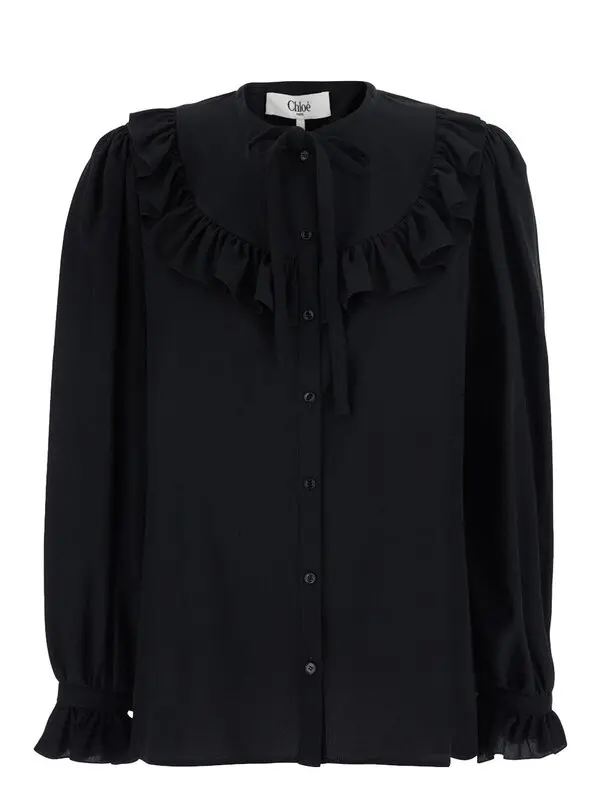Chloé Silk Shirt With Front Knot Detail And Cuff Straps - Black