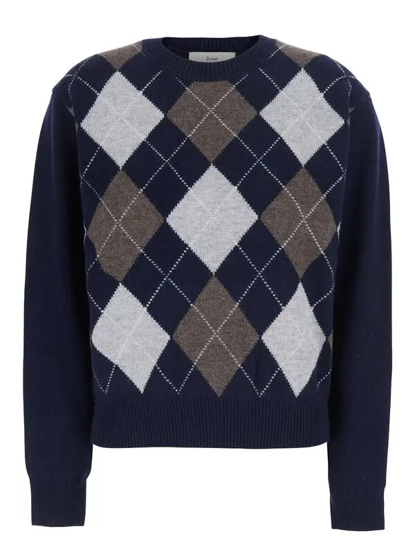 DUNST Argyle Motif Wool Crewneck Sweater With Long Sleeves For - Blu