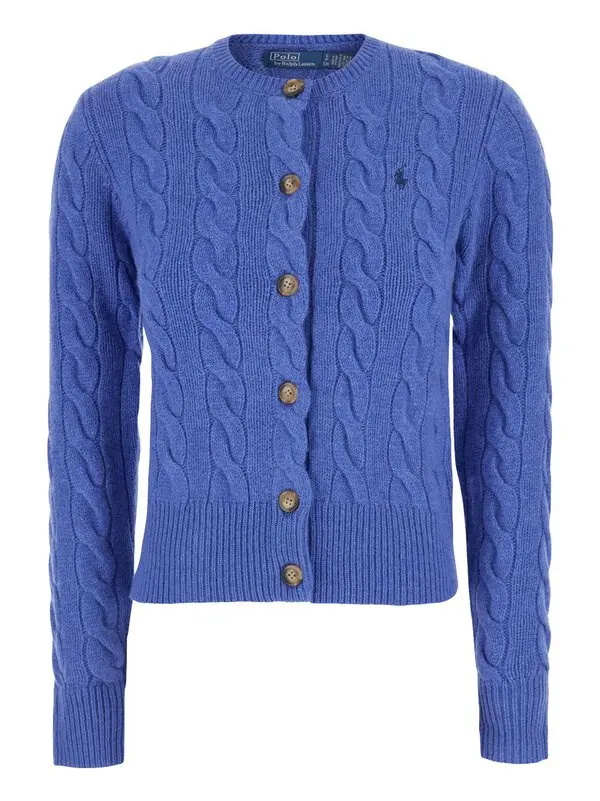 Polo Ralph Lauren Crew Neck Cable-knit Cardigan With Embroidered Pony - Blu