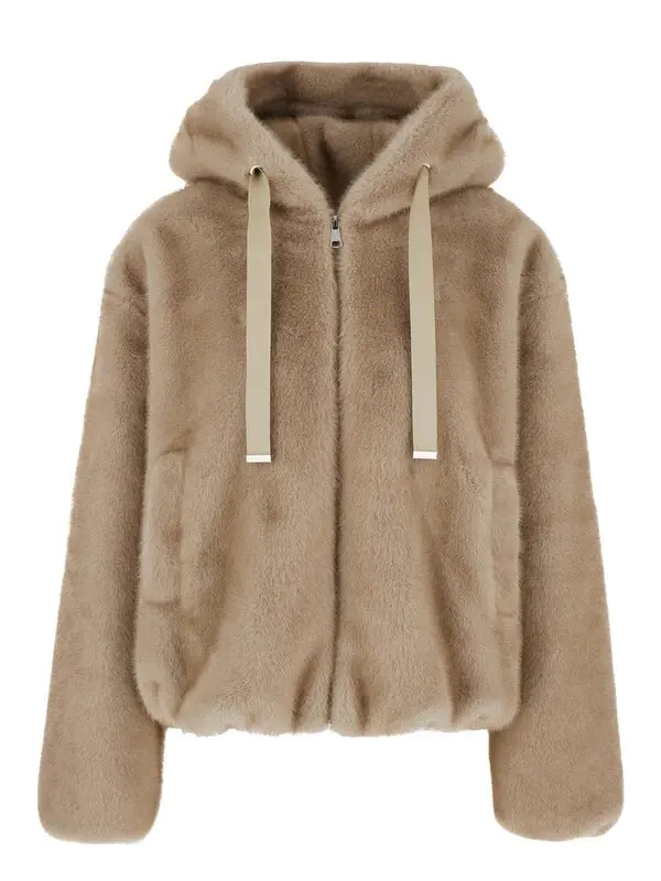 LEPLAIN Shearling Hooded Zip Jacket With Eco-fur Drawstring For - Beige
