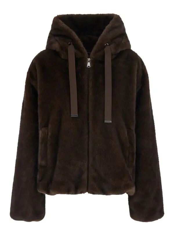 LEPLAIN Eco-fur Shearling Jacket With Zip Closure And Drawstring Hood For - Brown