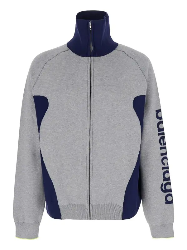 Balenciaga Contrast High-collar Cotton Zip Cardigan With Logo Sleeve - Grey