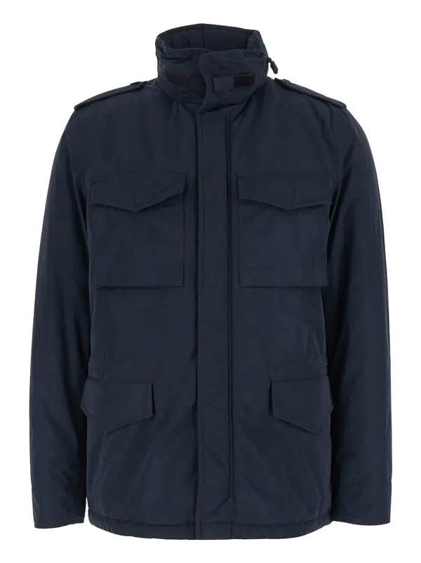 Aspesi Tech Fabric Front-zip Jacket With High Collar And Side Zip Pockets - Blu