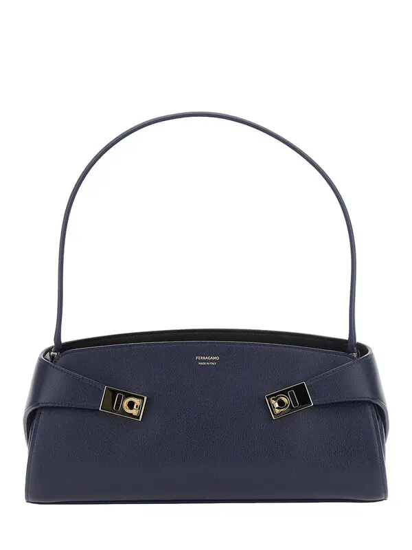 FERRAGAMO Hug Leather Shoulder Handbag With Zip Front, Internal Pocket And Adjustable Strap, 30 X 20 X 10 Cm - Blu