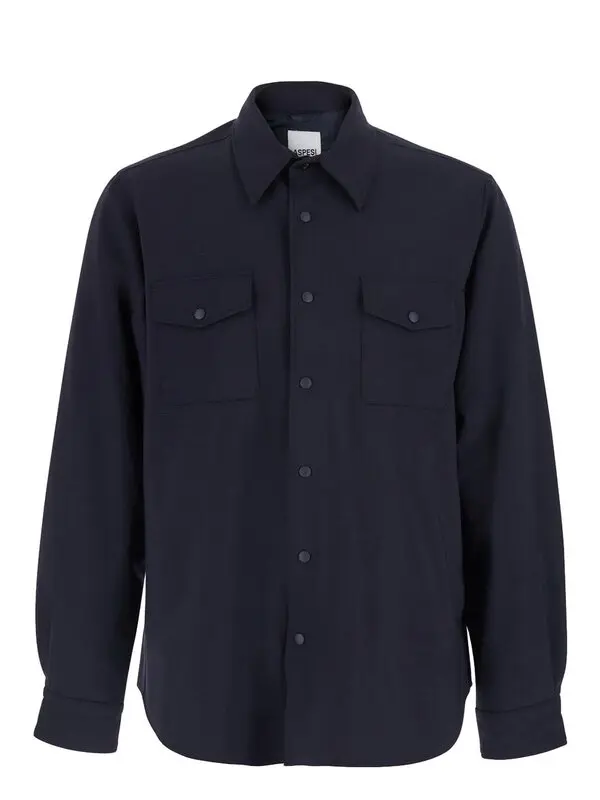 Aspesi Wool-blend Shirt With Pointed Collar, Button Front & Patch Pockets - Blu