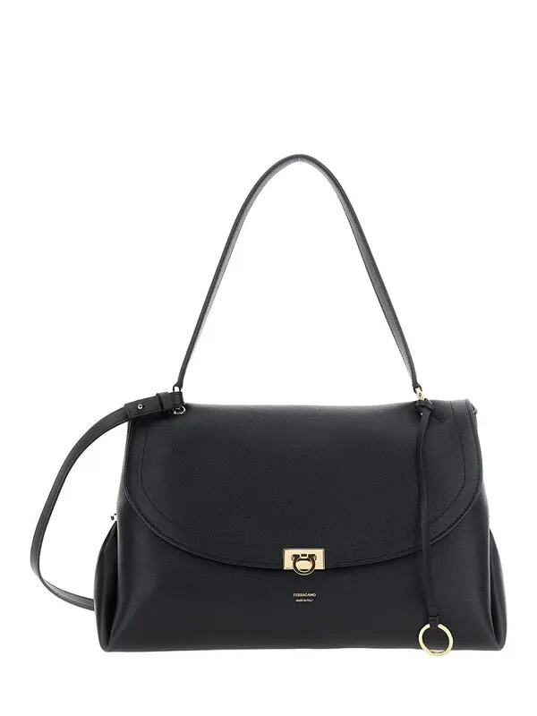 FERRAGAMO 40x23x15 Cm Leather Shoulder Handbag With Adjustable Strap And Logo Buckle Closure - Black