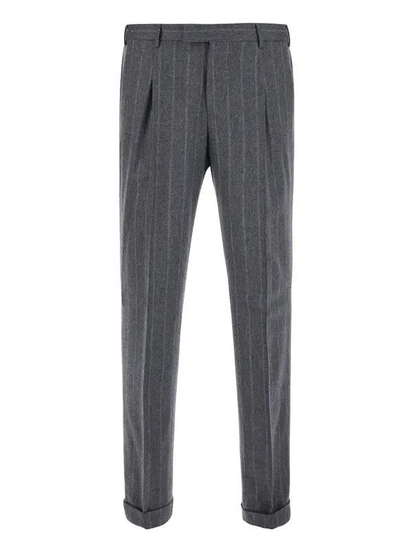 PT TORINO Slim-fit Wool-blend Pants With Front Pleats, All-over Stripe Motif And Cuffed Hem - Grey