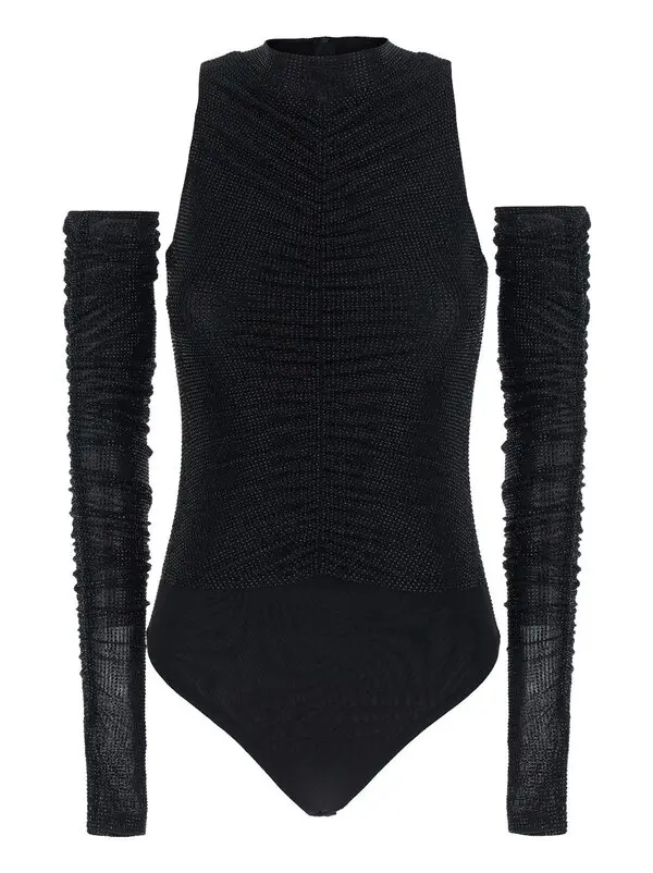 TWENTY FOURHAITCH Trava V-neck Tech Fabric Long Sleeve Bodysuit - Black