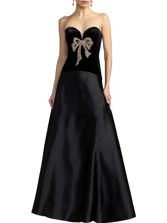 Mac Duggal Strapless Velvet Gown With Bow Detail - Black Gold