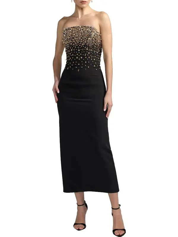 Mac Duggal Beaded Strapless Crepe Midi Dress - Black