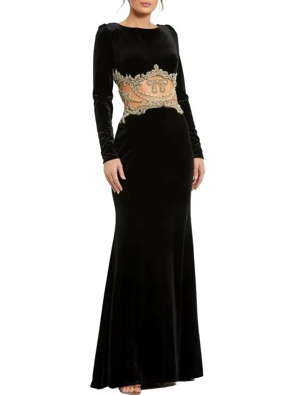 Mac Duggal Long Sleeve Sheer Embellished Velvet Gown - Black