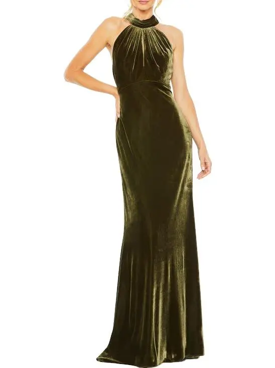 Mac Duggal Velvet Halter Column Gown - Olive