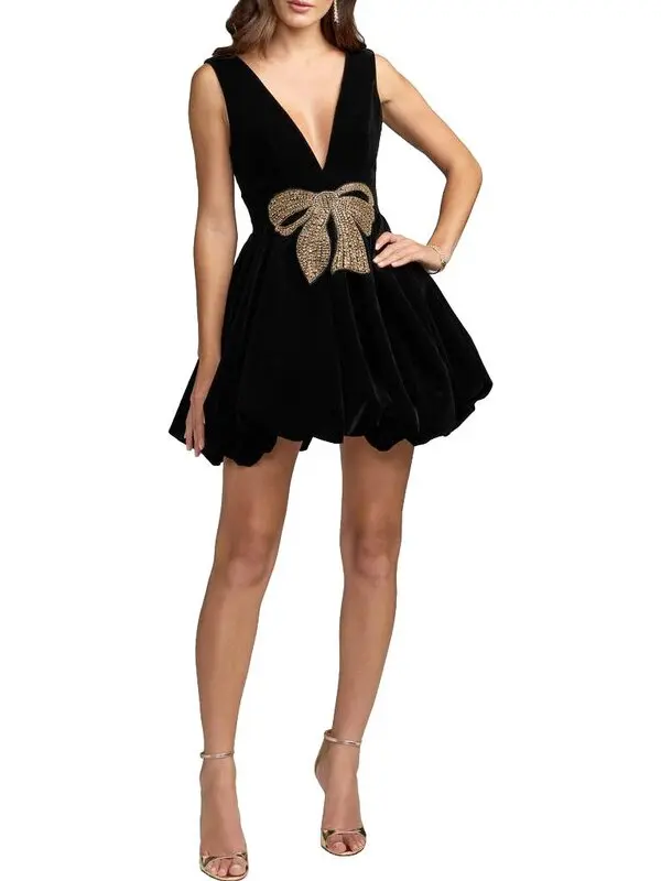 Mac Duggal Sleeveless Bubble Hem Velvet Mini Dress With Bow - Black