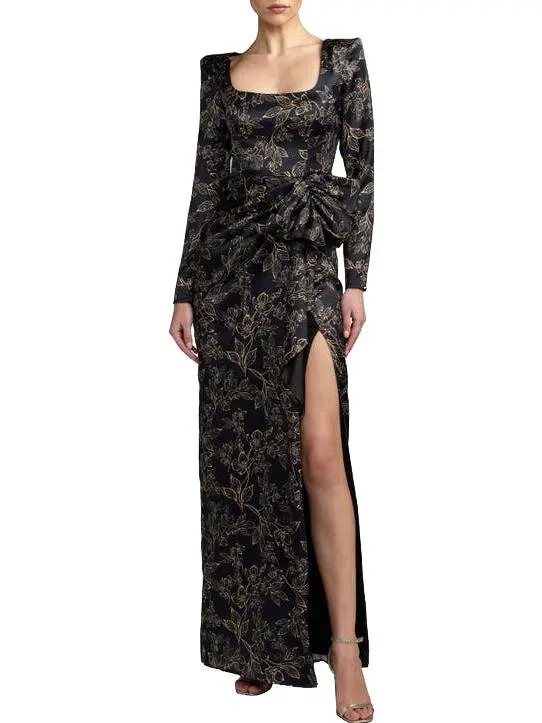 Mac Duggal Floral Printed Long Sleeve Gown With Bow - Black Multi