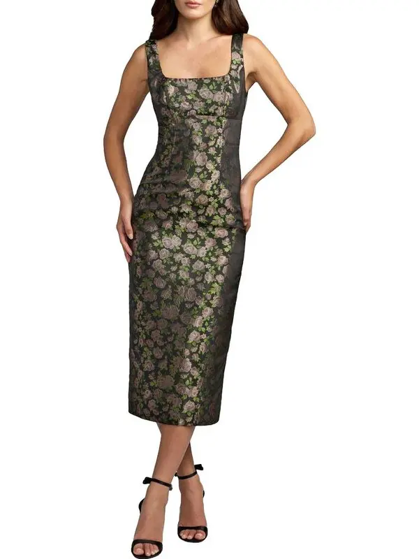 Mac Duggal Sleeveless Floral Brocade Midi Dress - Black Multi