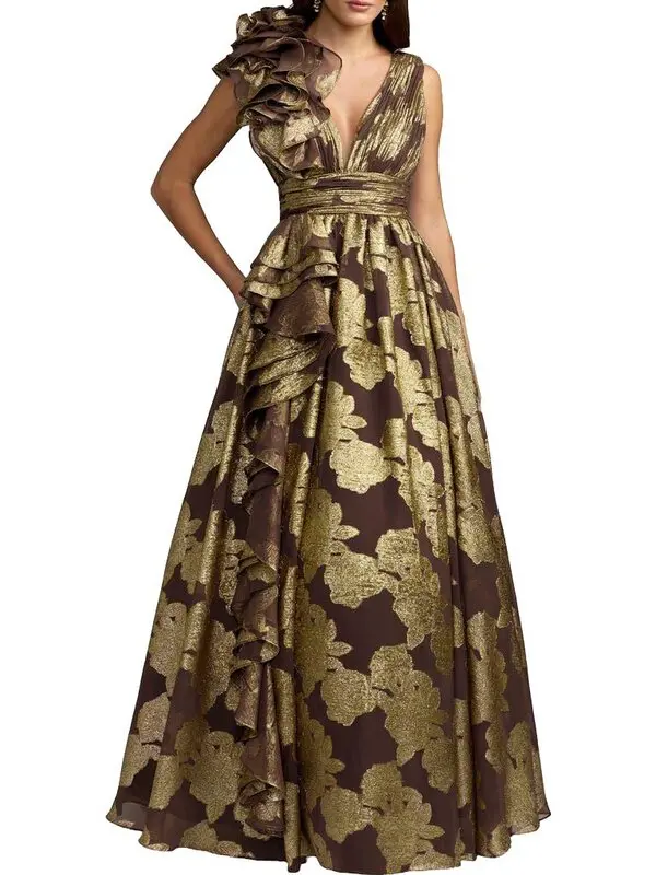 Mac Duggal Metallic V-neck Ruffle Detail Ball Gown - Chocolate
