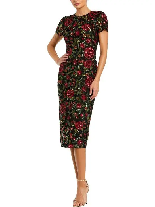 Mac Duggal High Neck Floral Embellished Midi Dress - Black Multi