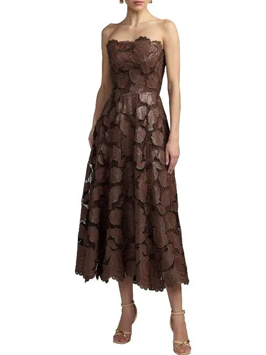 Mac Duggal Strapless Floral Leather A-line Midi Dress - Chocolate