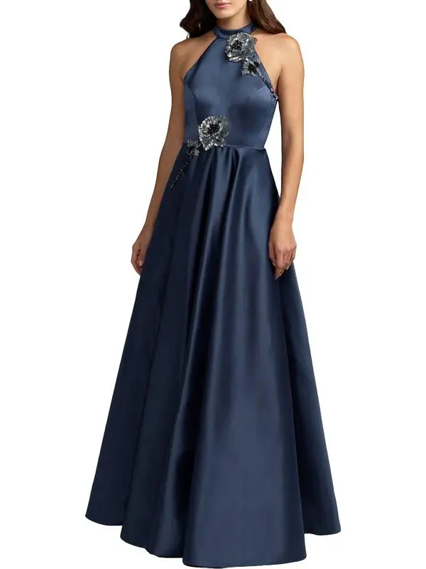 Mac Duggal Satin Sleeveless Floral Detail A Line Gown - Midnight