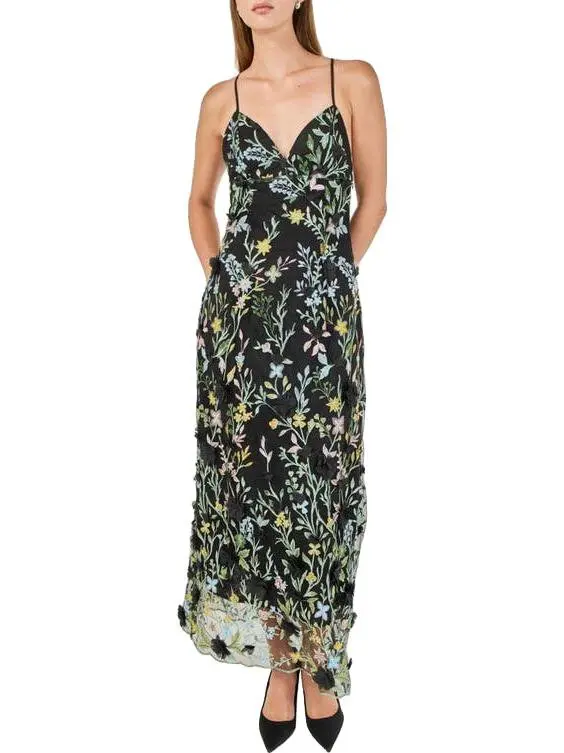 Endless Rose 3d Floral Embroidered Maxi Dress - Black Multi