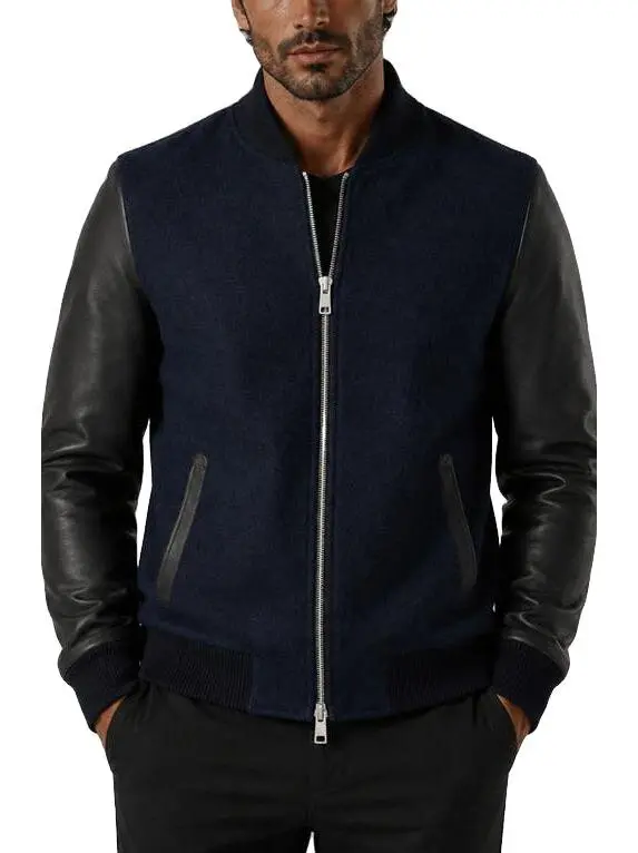 MACEOO Leather Sleeve Bomber Jacket - Blue