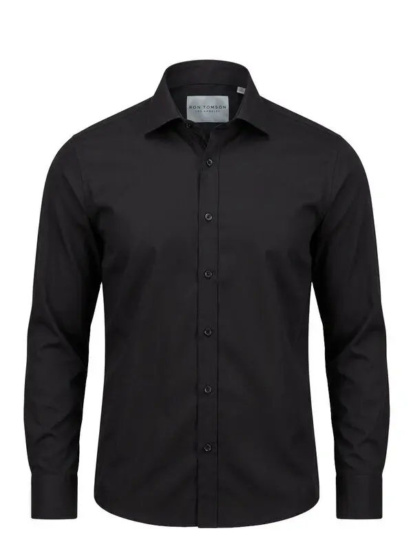 RON TOMSON Pure Cotton Spread Collar Fitted Dress Shirt - Black