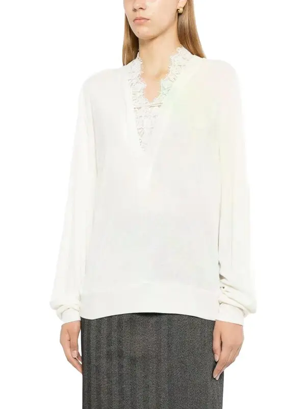 BONBOM Lace-trim V-neck T-shirt - Neutrals
